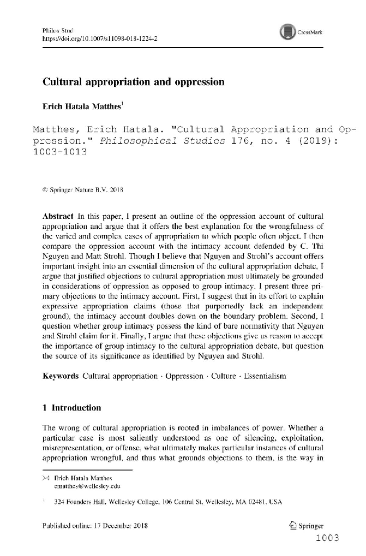 Cultural Appropriation and Oppression: An Analysis (PHIL 1) - Studocu