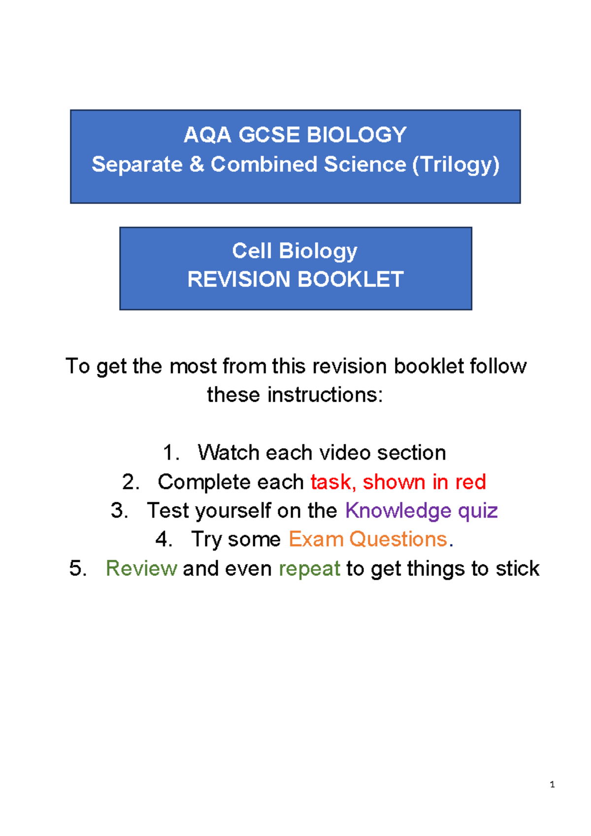 AQA GCSE Biology Cell Biology Revision Booklet (Trilogy) - Studocu