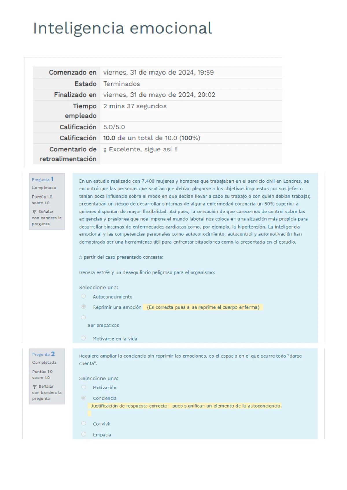 Examen Semana 2: Resumen de Inteligencia Emocional - Studocu