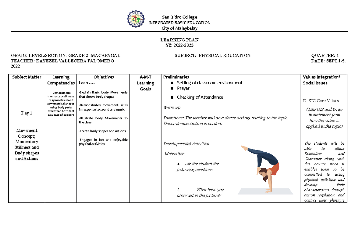 Grade 2 PE Learning Plan SY 2022-2023: Body Movements & Shapes - Studocu