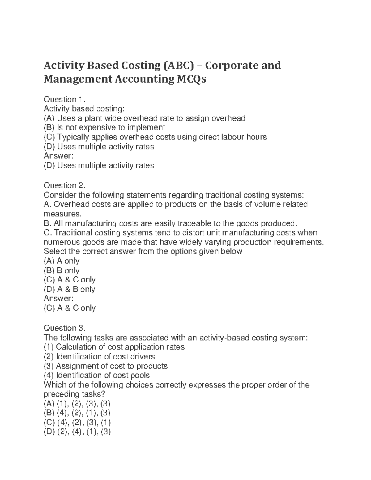 ABC - Activity Based Costing Management Accounting MCQs Notes - Studocu