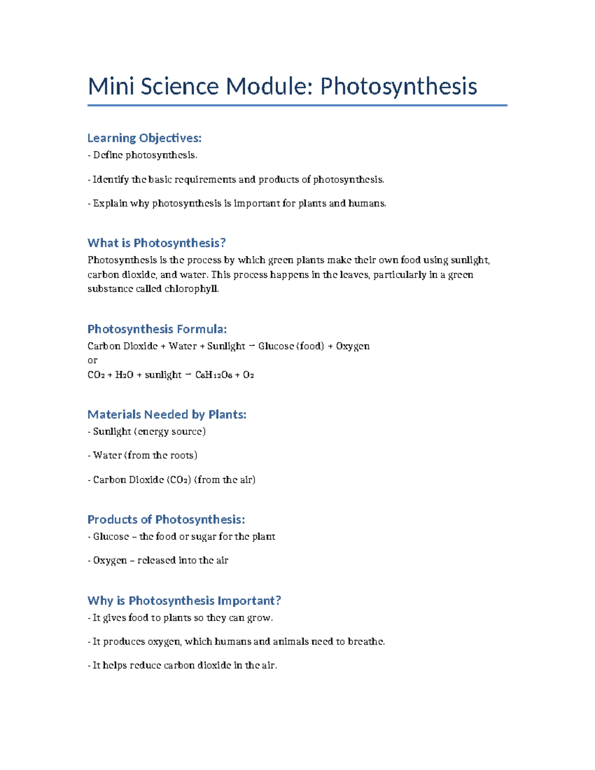 Photosynthesis Module: Learning Objectives & Importance - Studocu