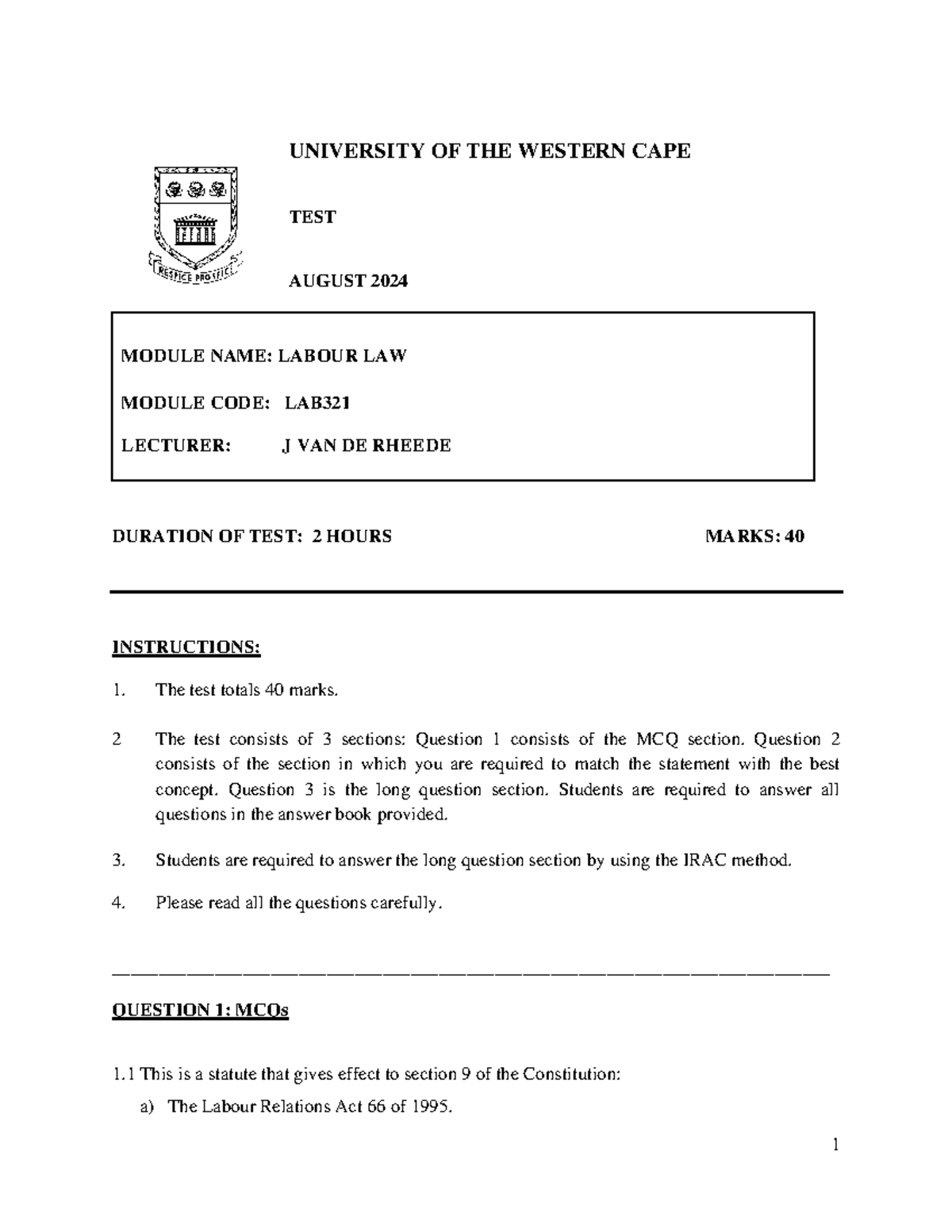 Labour Law Test - August 2024 (Module: LAB) - Duration: 2 Hours - Studocu