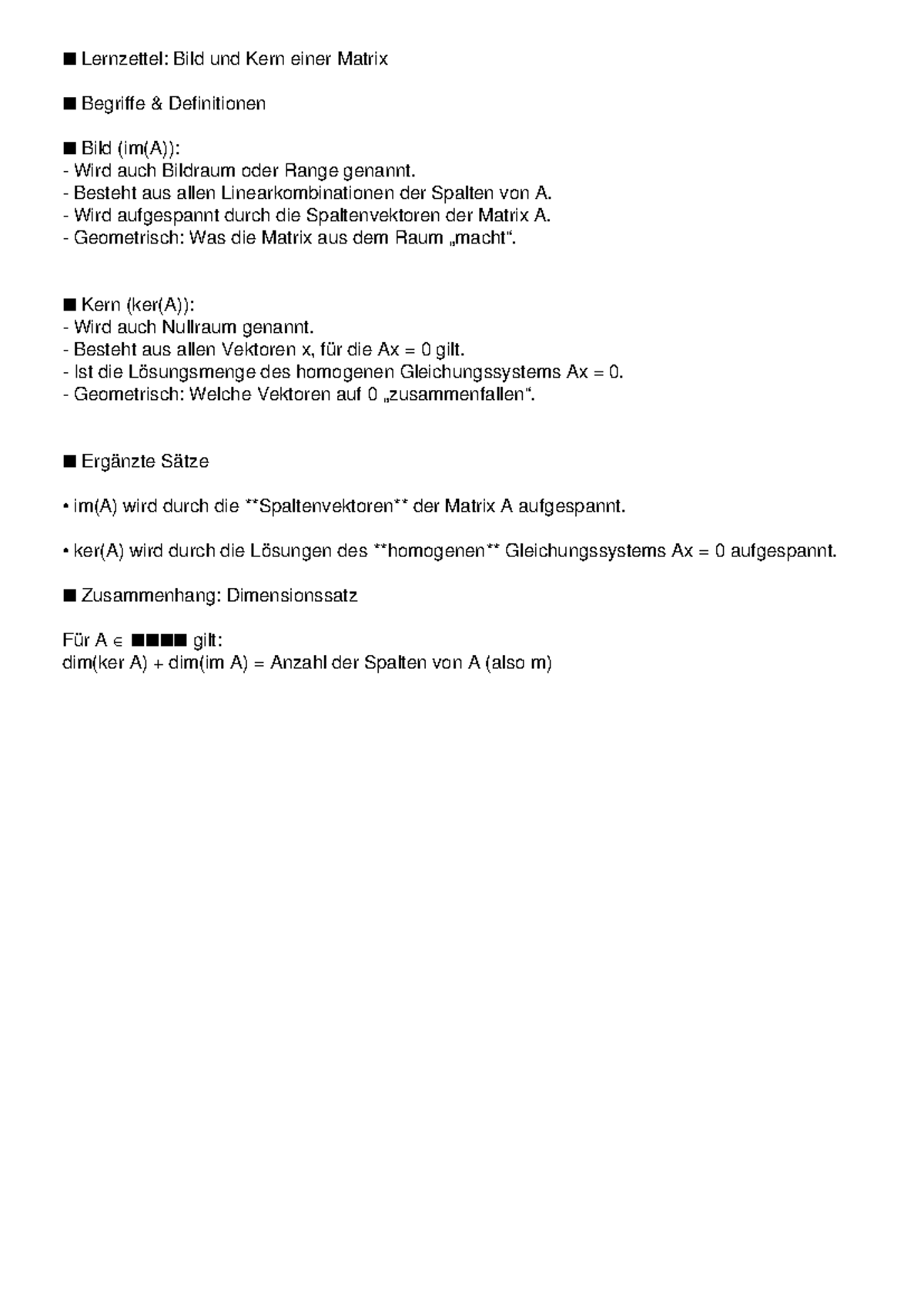Lernzettel: Bild und Kern einer Matrix - Begriffe und Definitionen ...