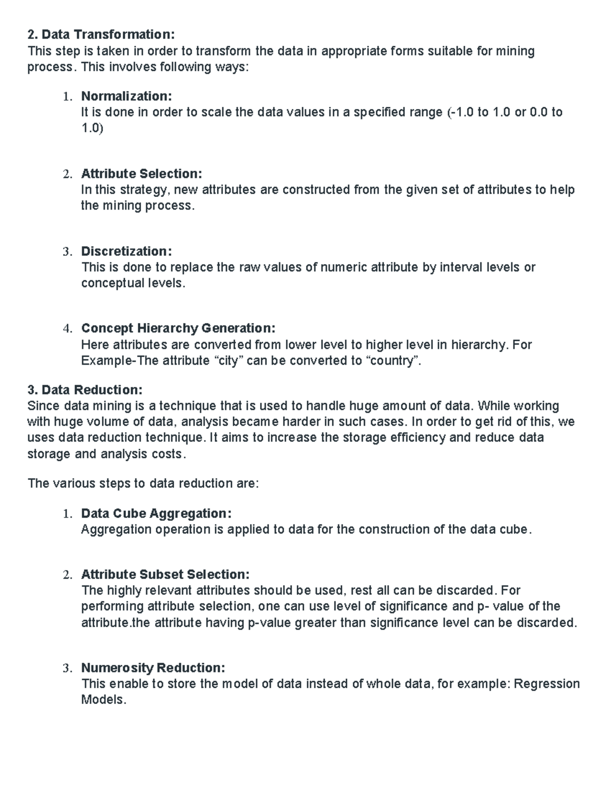 Data Transformation and Reduction Techniques in DWDM Unit 2 (R20) - Studocu
