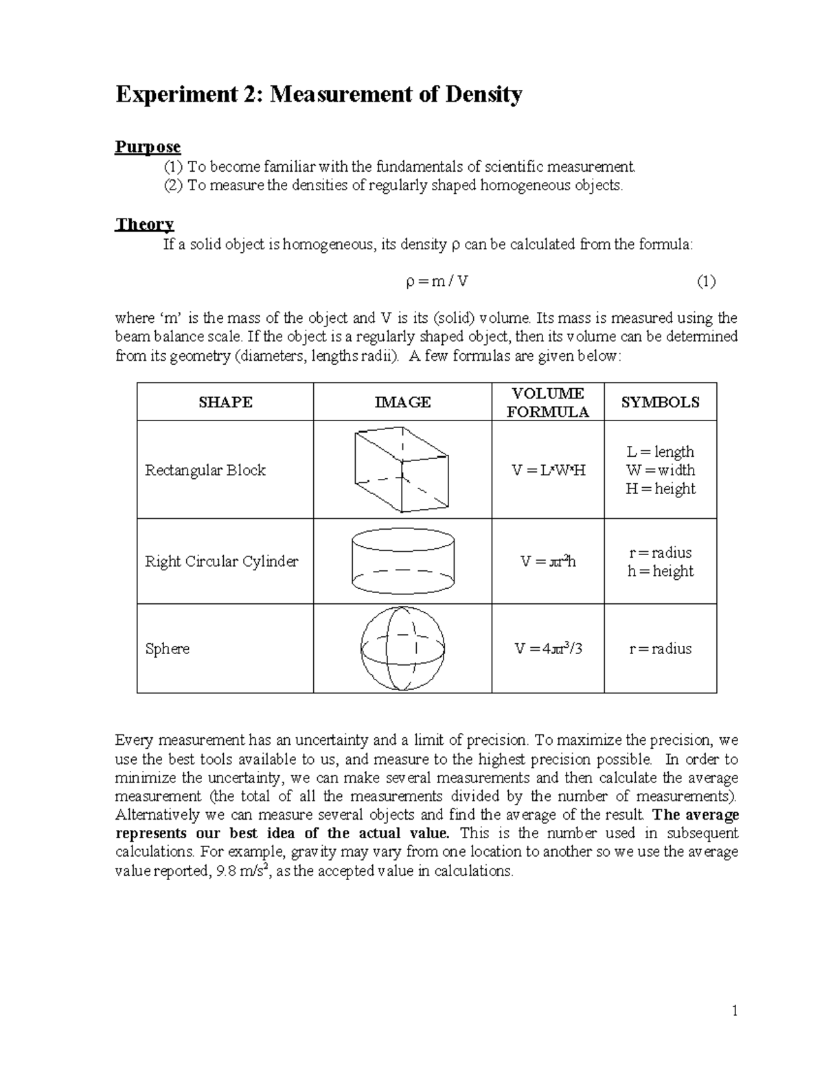 02 Density: Measurement Techniques and Calculations in Lab Experiment ...