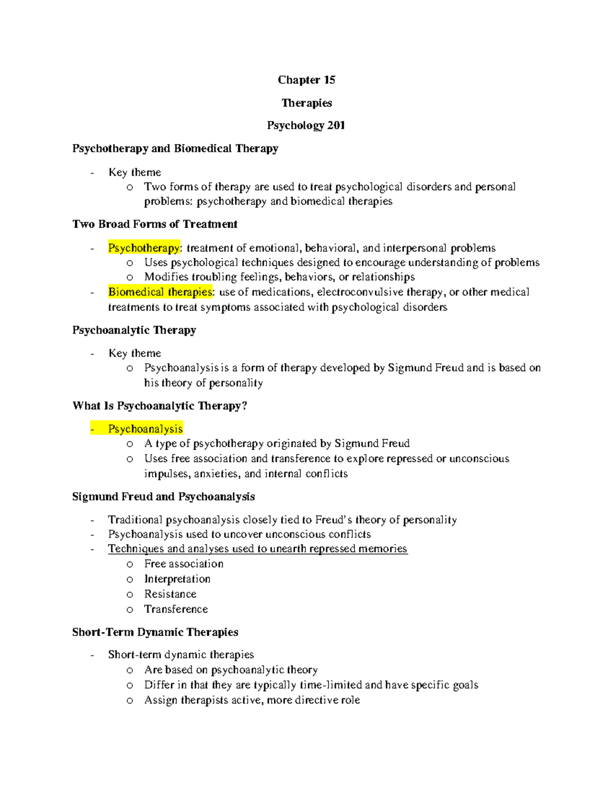 Psyc 201 Chapter 15: Overview of Psychotherapies and Treatments - Studocu