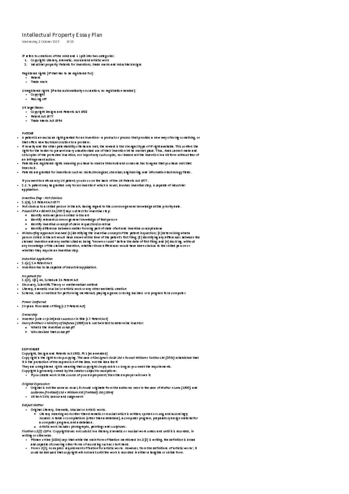Intellectual Property Essay Plan: Key Concepts & Legal Frameworks - Studocu