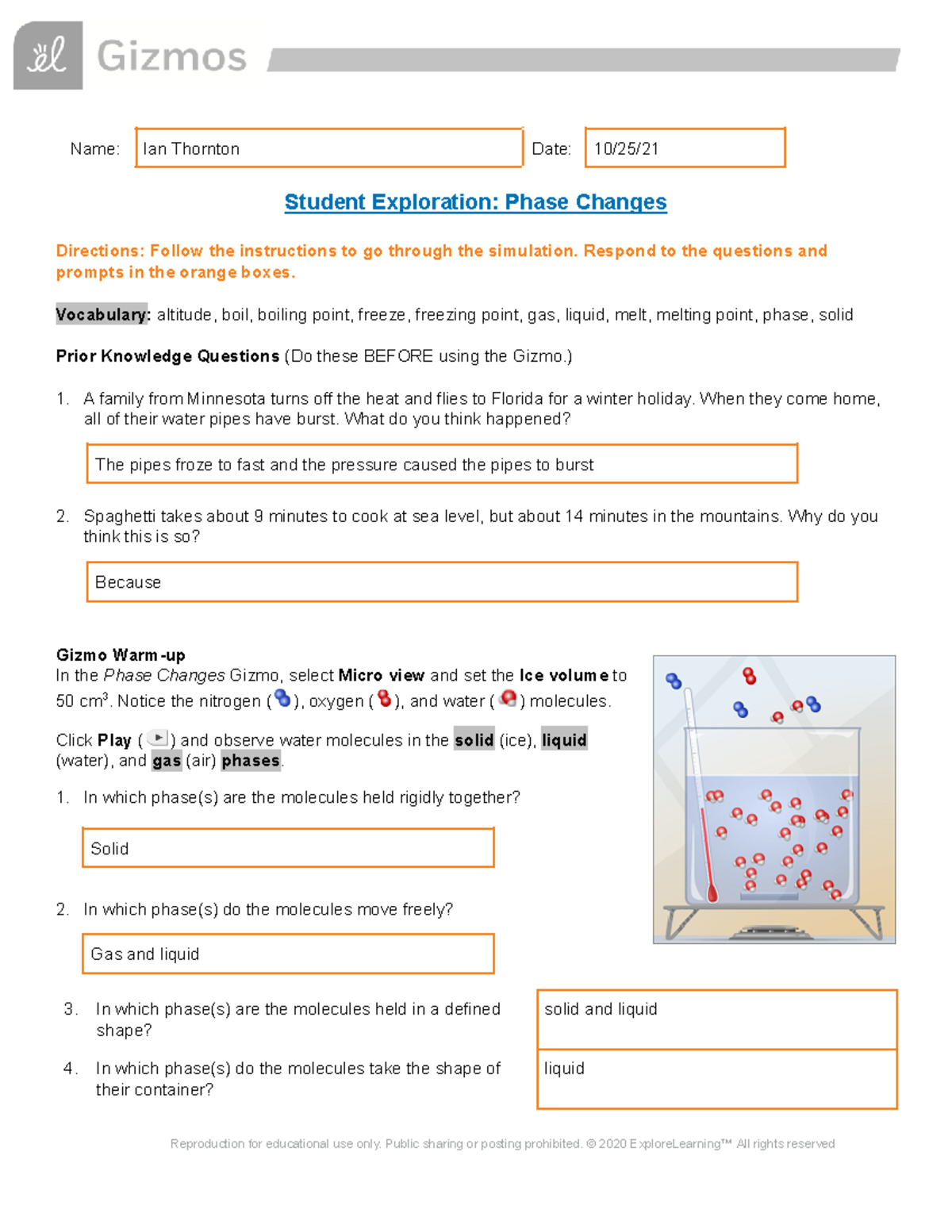 Phase Changes Gizmo SE - Name: Ian Thornton Date: Student Exploration ...