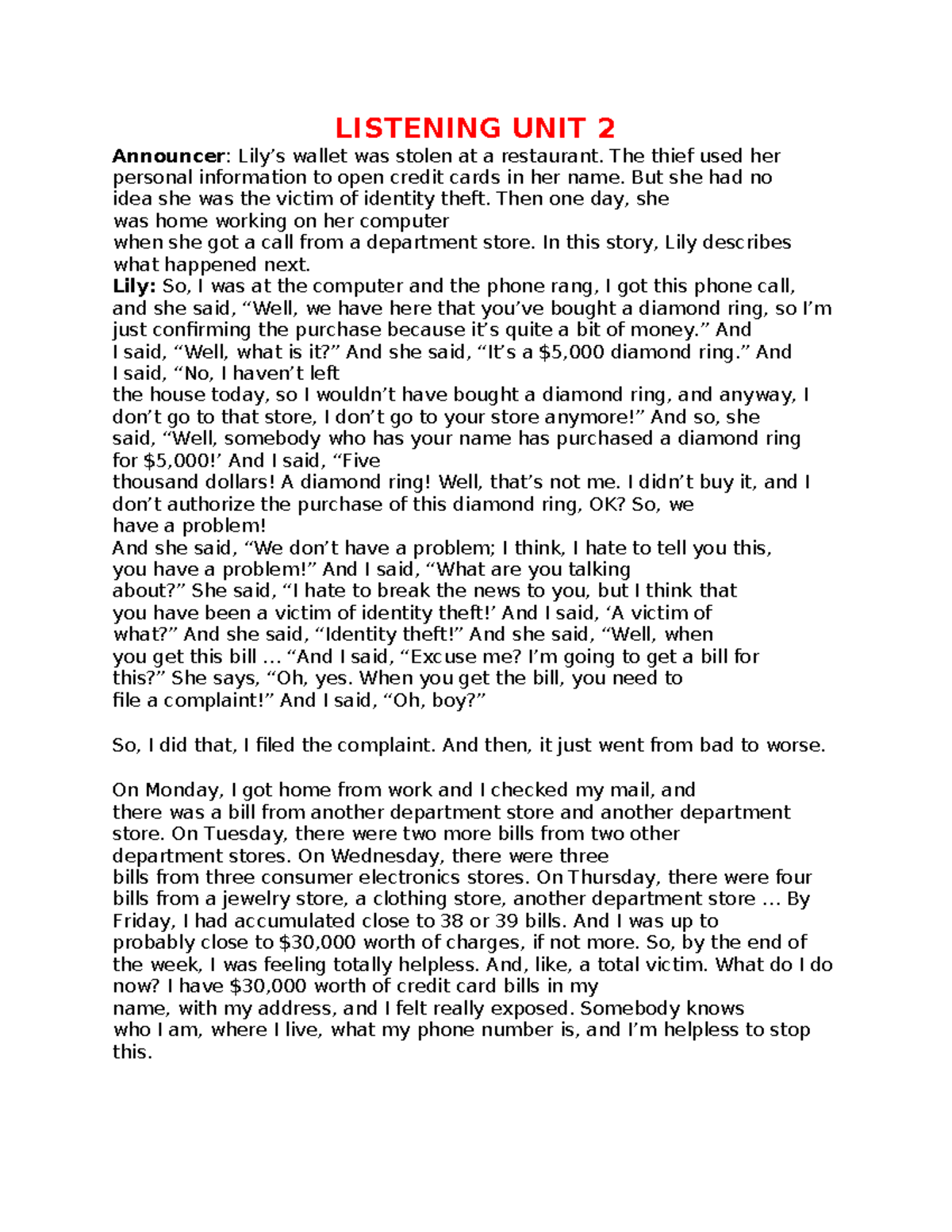 Listening Unit 2: Identity Theft Story and Main Ideas - Studocu