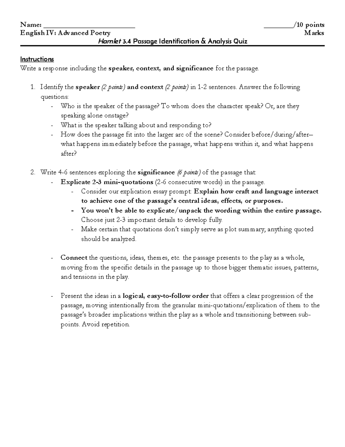 English IV: Hamlet 3.4 Passage Analysis Quiz Guide - Studocu