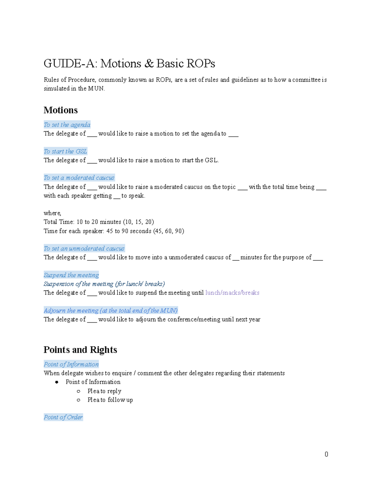 MUN ROPs: Essential Motions and Procedures Guide - Studocu