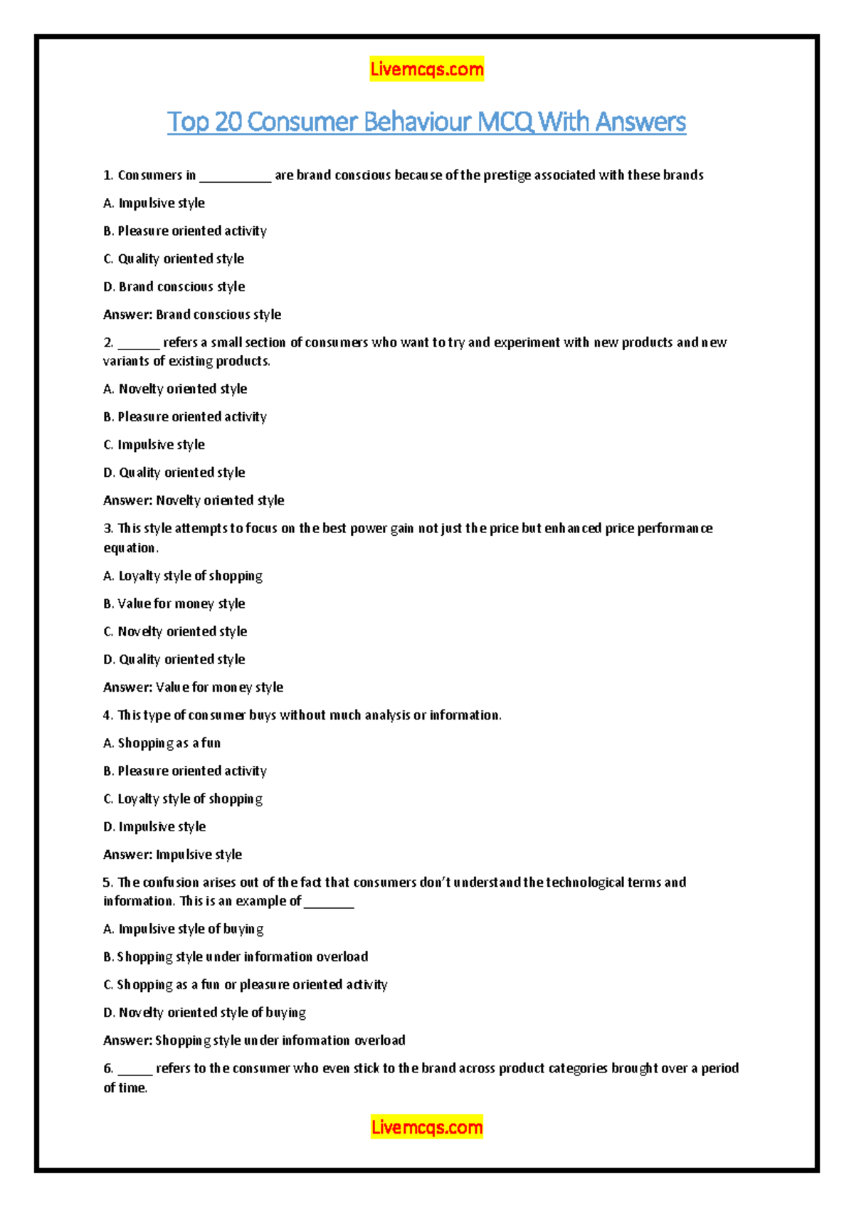 Consumer Behaviour MCQ With Answers PDF - Top 20 Consumer Behaviour MCQ ...