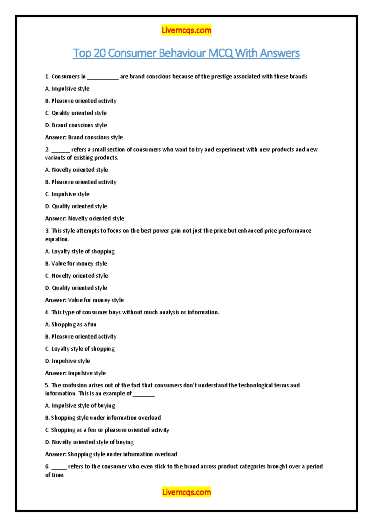 Consumer-behaviour Solved MCQs [set-1] Mcq Mate - Consumer Behaviour MCQs [set-1] 1. Any ...