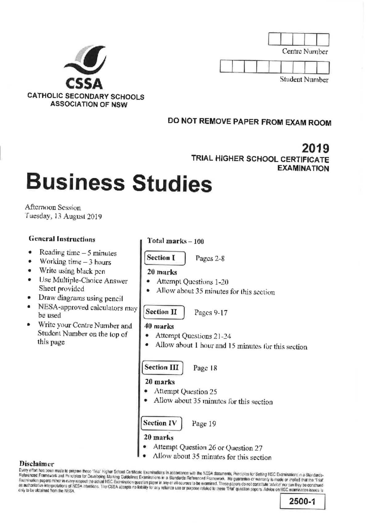 CSSA Business Studies Trial HSC Exam 2019 - Studocu