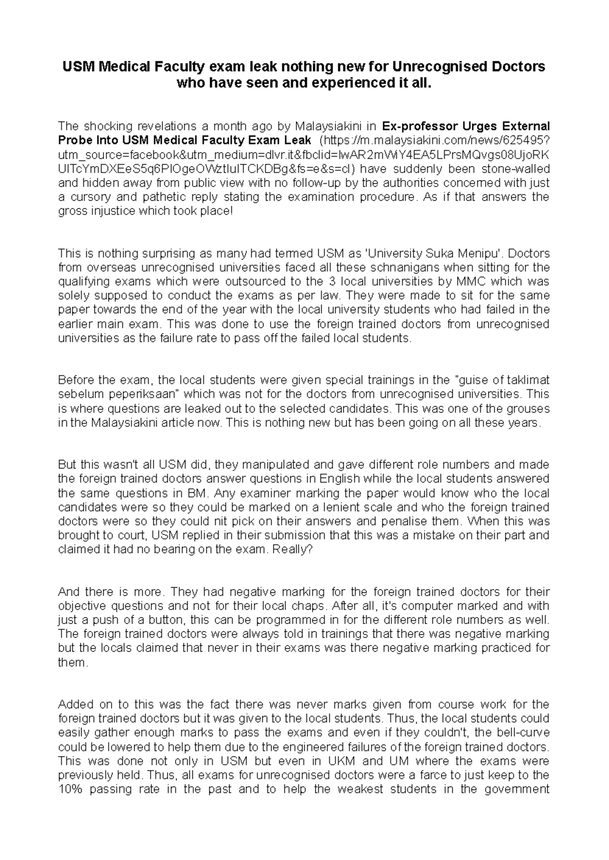 Letter to Newspaper 6 - Unrecognised doctors complaint. - USM Medical ...