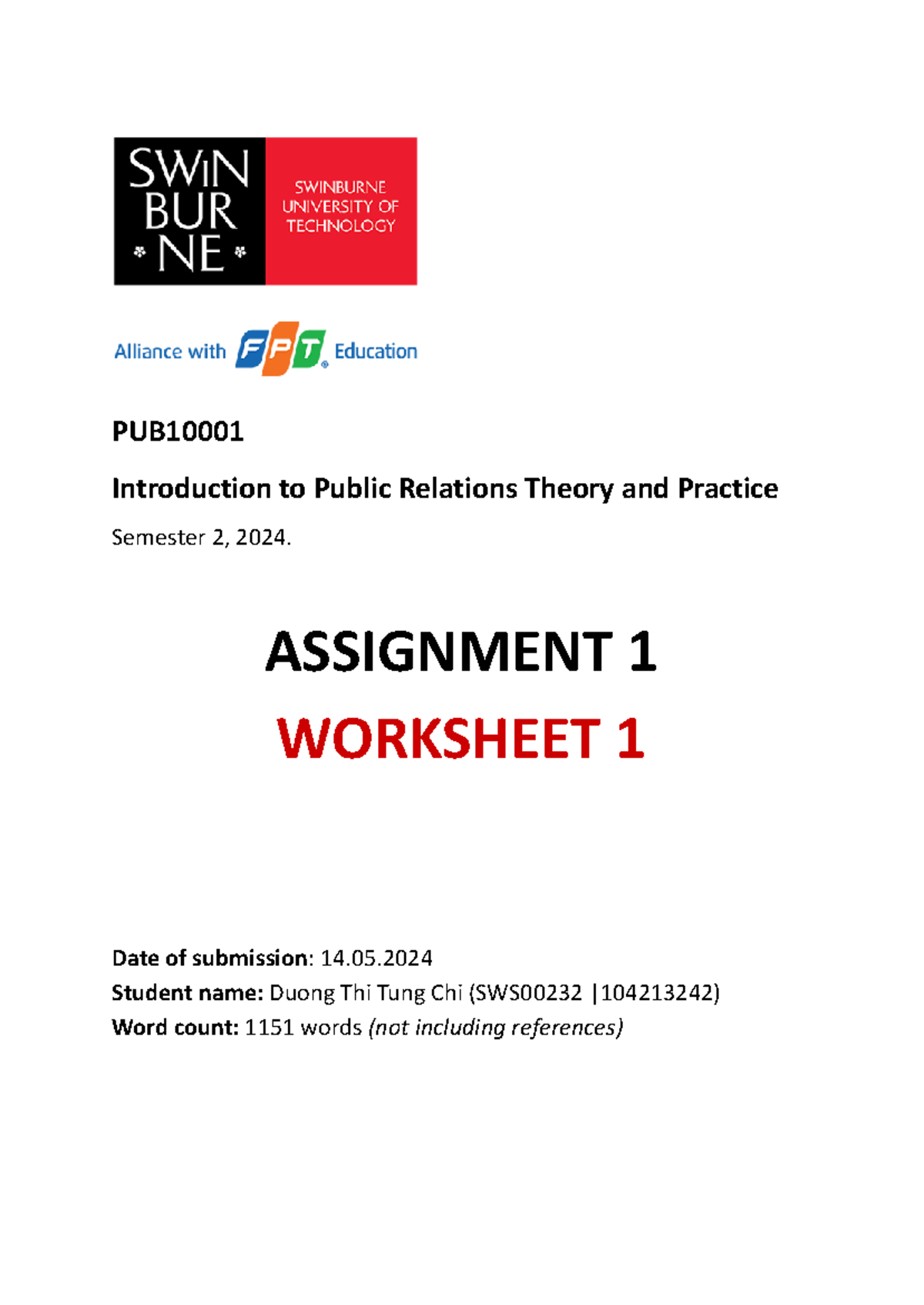 PUB10001-Worksheet 1 (1)-Duong Thi Tung Chi (SWS00232 104213242) - PUB ...