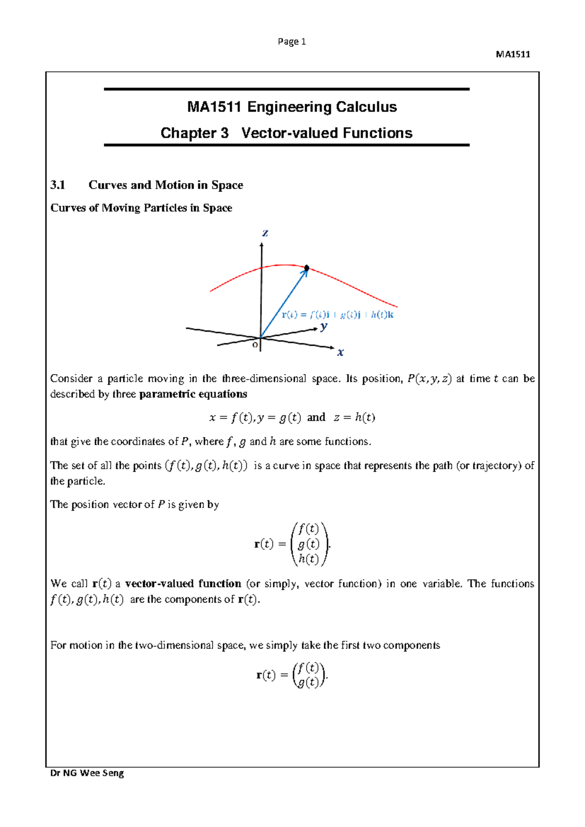 MA1511 Engineering Calculus: Chapter 3 - Vector-Valued Functions - Studocu