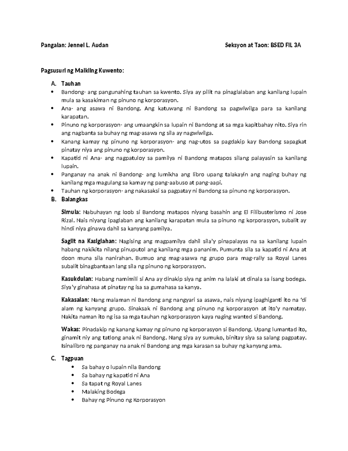 Pagsusuri ng Maikling Kuwento: Tauhan at Balangkas (BSED FIL 3A) - Studocu