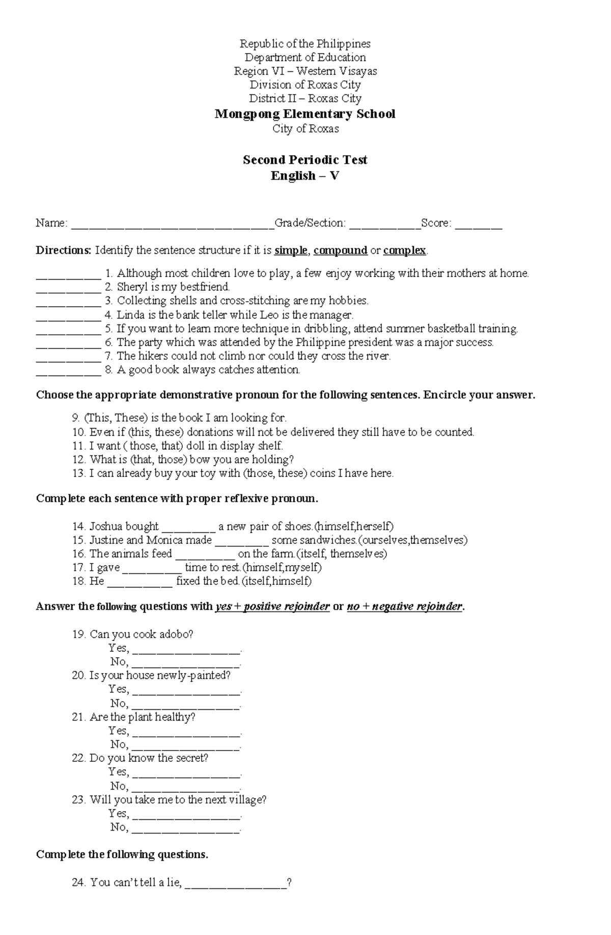 English V Second Periodic Test: Sentence Structure & Pronouns - Studocu