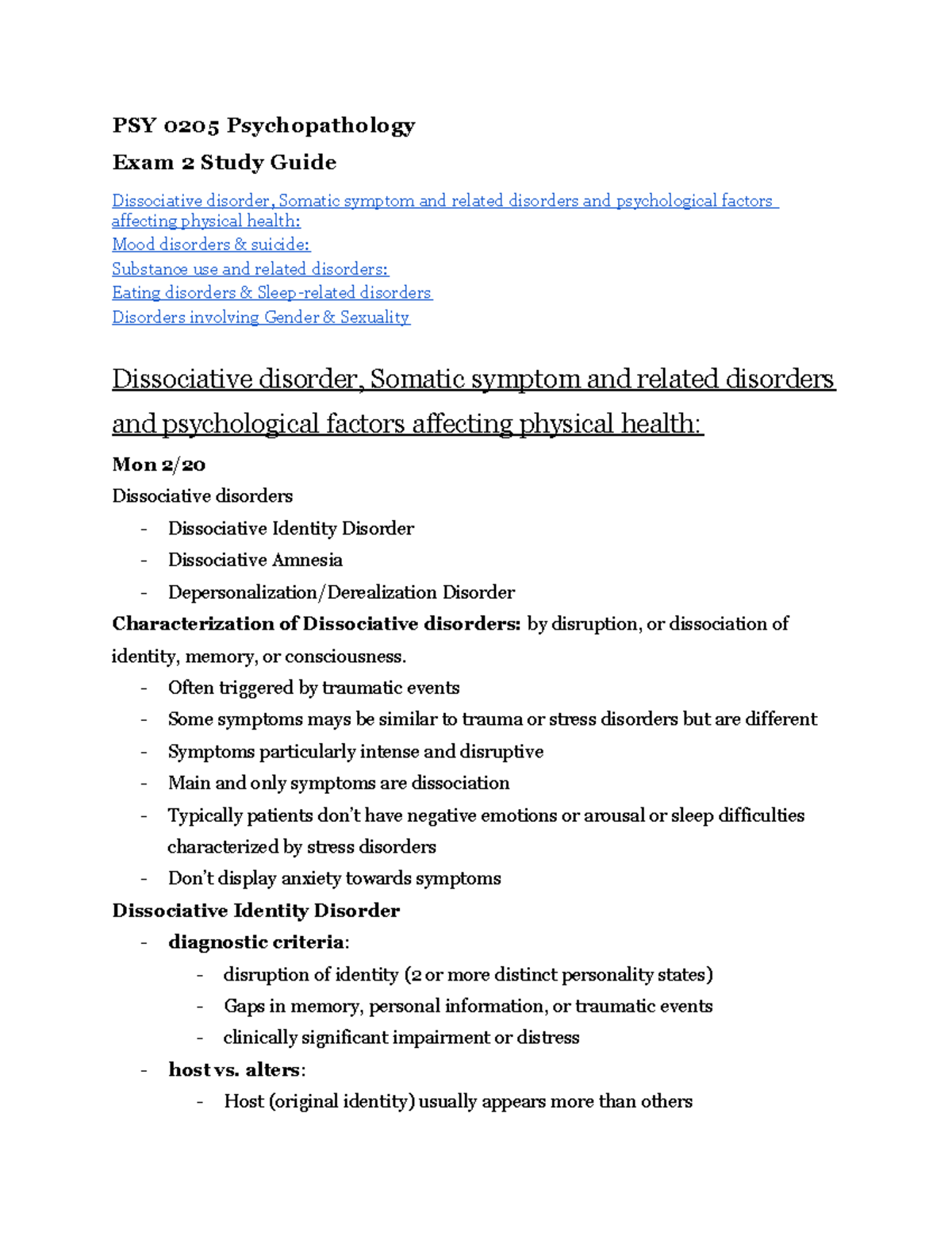 PSY 0205 Final Exam Study Guide: Key Topics in Psychopathology - Studocu