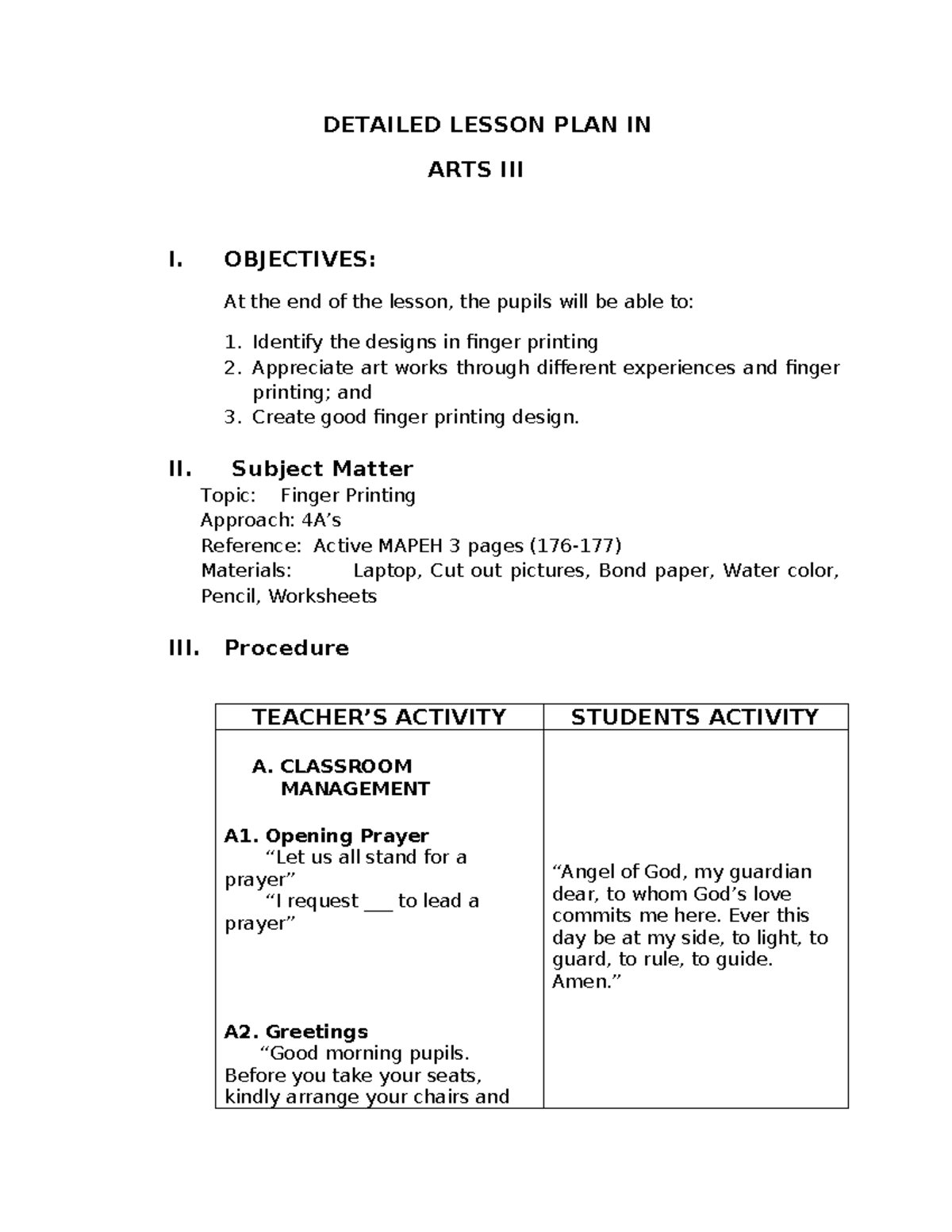 Detailed Lesson Plan in Arts: Finger Printing Techniques - Studocu