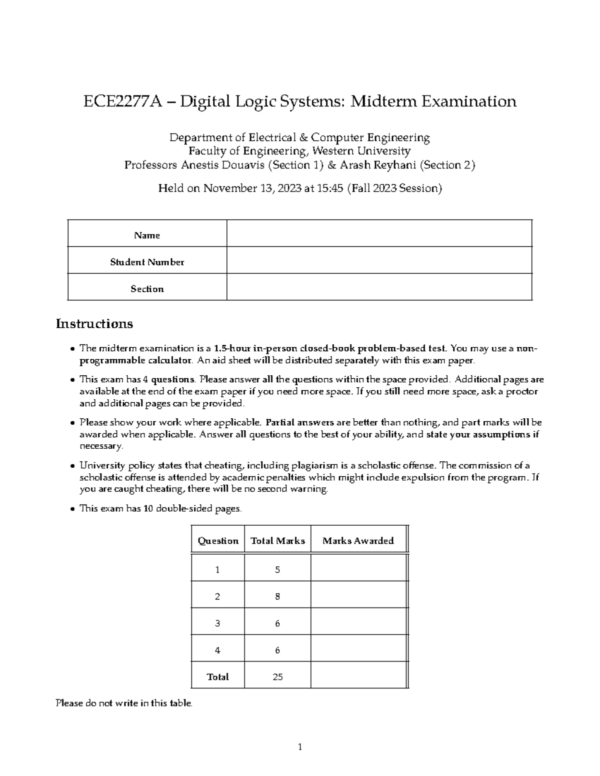ECE2277A Digital Logic Systems: Midterm Exam Fall 2023 - Studocu