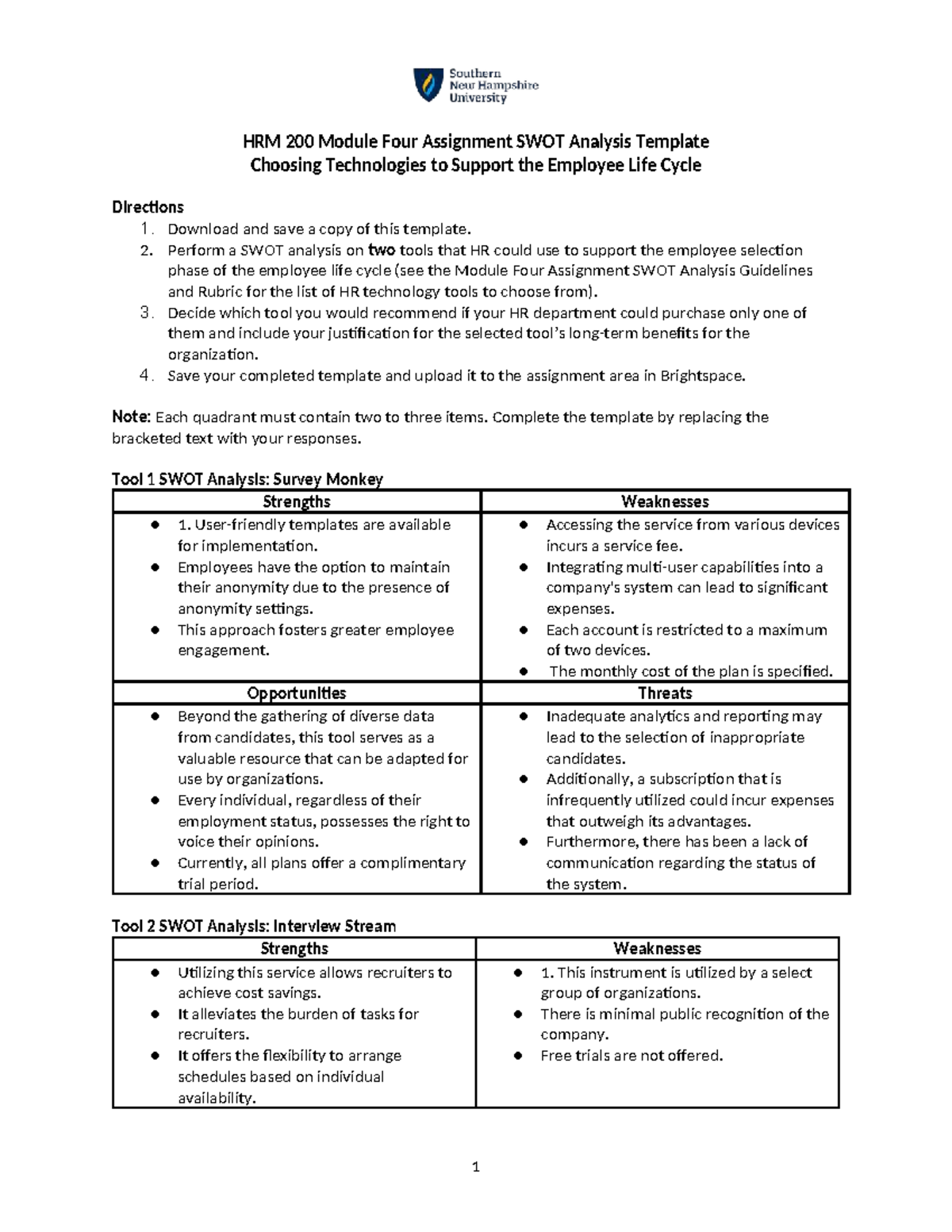 HRM 200 Module Four Assignment SWOT Analysis - Download and save a copy ...