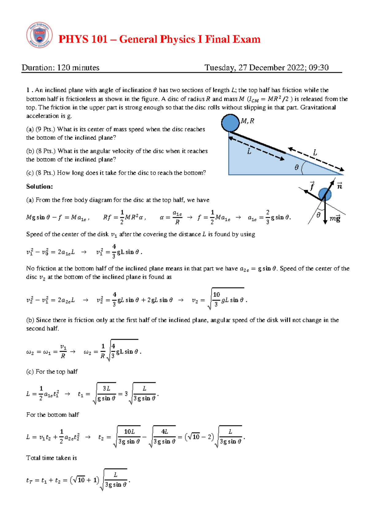 PHYS 101 Final Exam Solutions - 2022-23 Semester 1 - Studocu