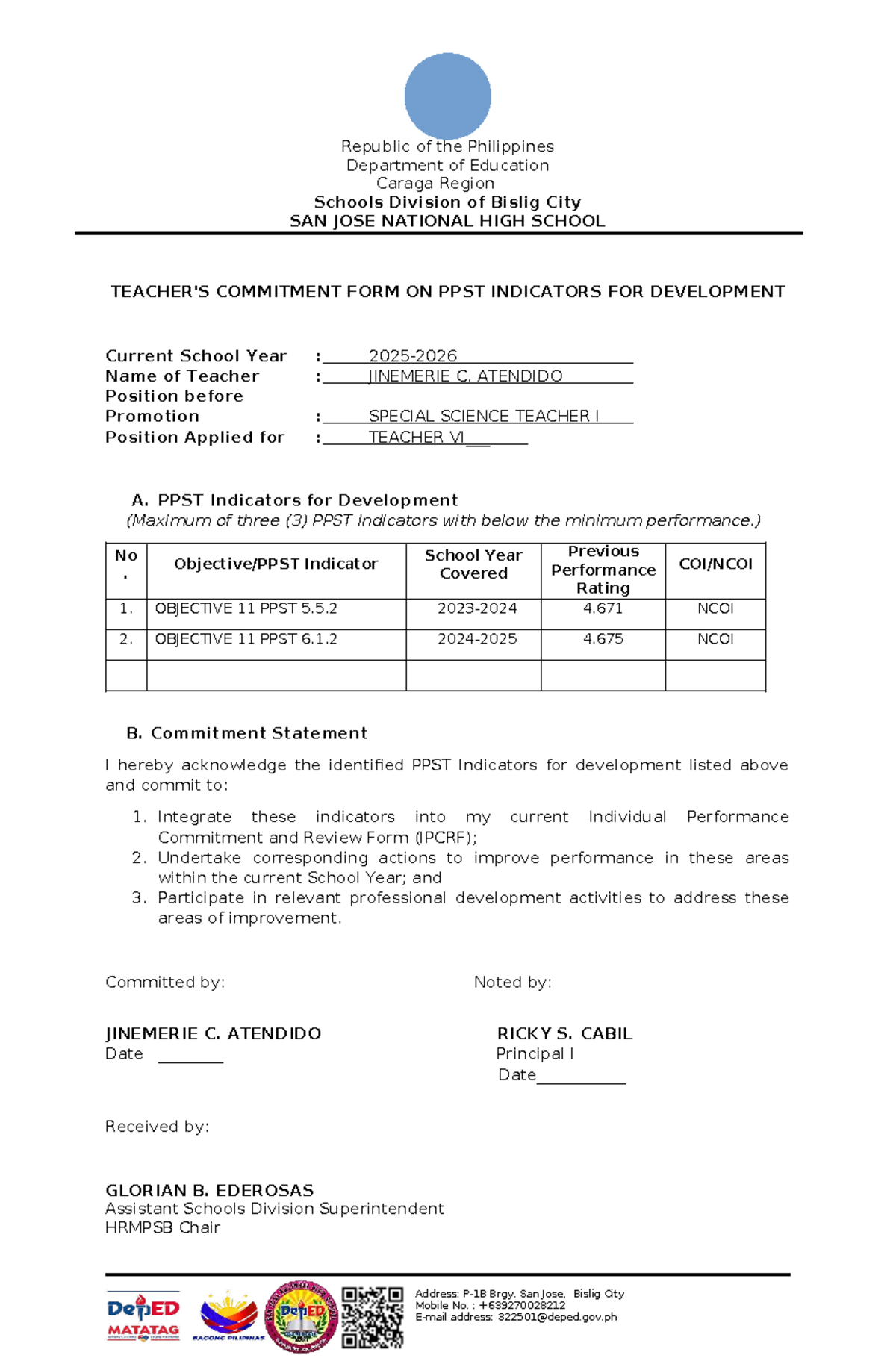 Commitment Form on PPST Indicators for Development - SY 2025 - Studocu