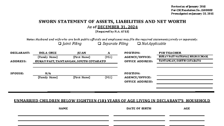 Revised 2015 SALN Form Sample for Public Officials (R.A. 6713) - Studocu