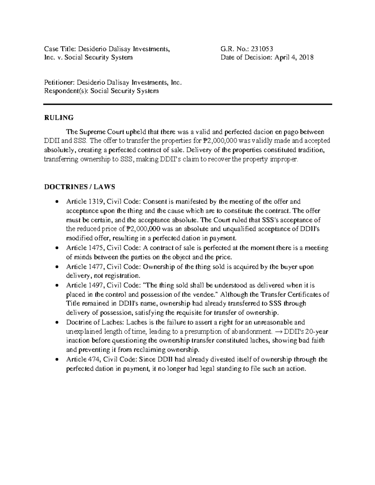 Case Study: Desiderio Dalisay Investments, Inc. v. Social Security ...