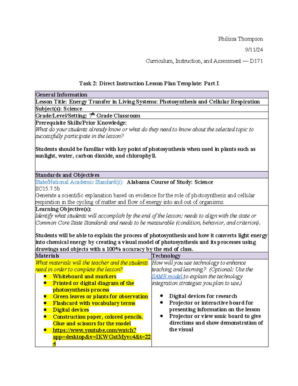 Task 2 Lesson Planning Part 1 Philissa Thompson (Repaired) - Philissa ...
