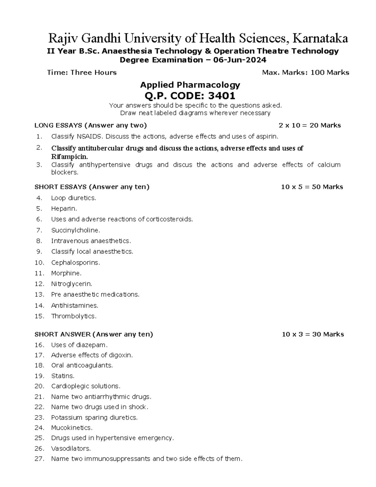B.Sc. Anaesthesia Tech II Year Exam Q.P. CODE: 3401 - Applied Pharmacology - Studocu