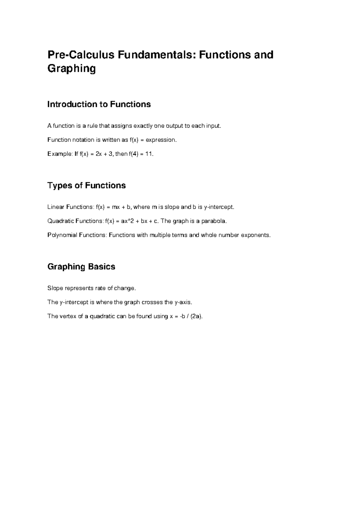 Precalculus Document 1 Functions and Graphing - Pre-Calculus ...