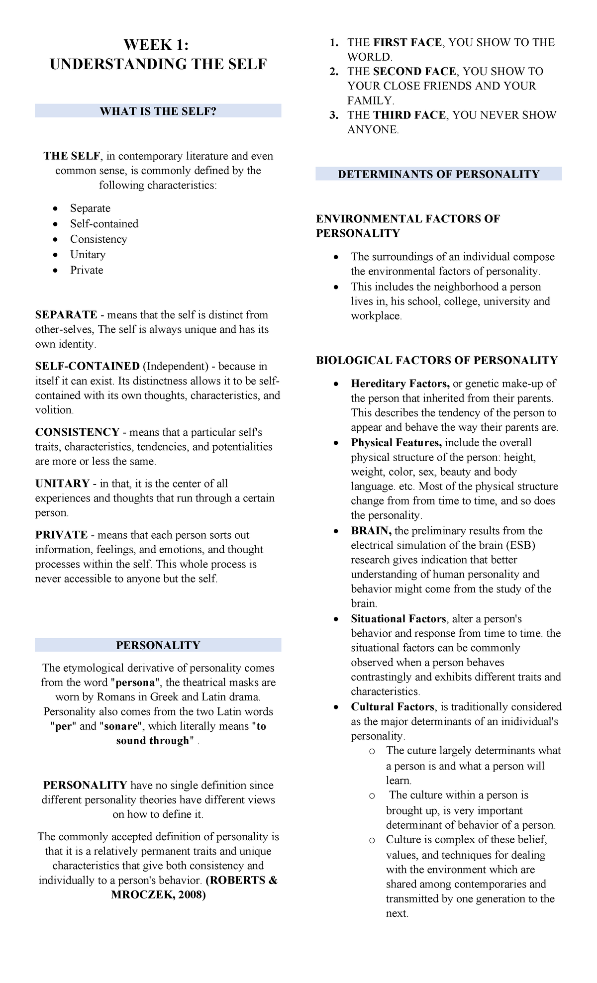 PSY 101: WEEK 1 - UNDERSTANDING THE SELF AND PERSONALITY - Studocu