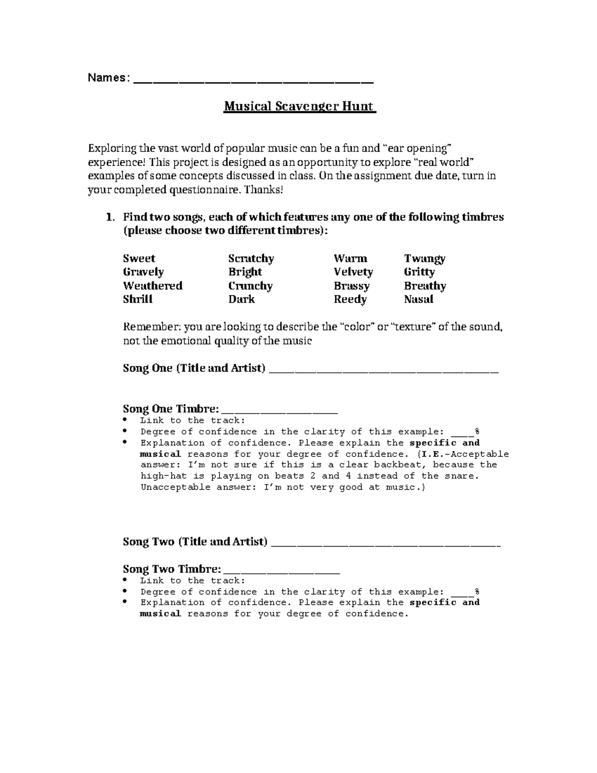 Musical Scavenger Hunt Assignment: Exploring Timbres & Grooves - Studocu