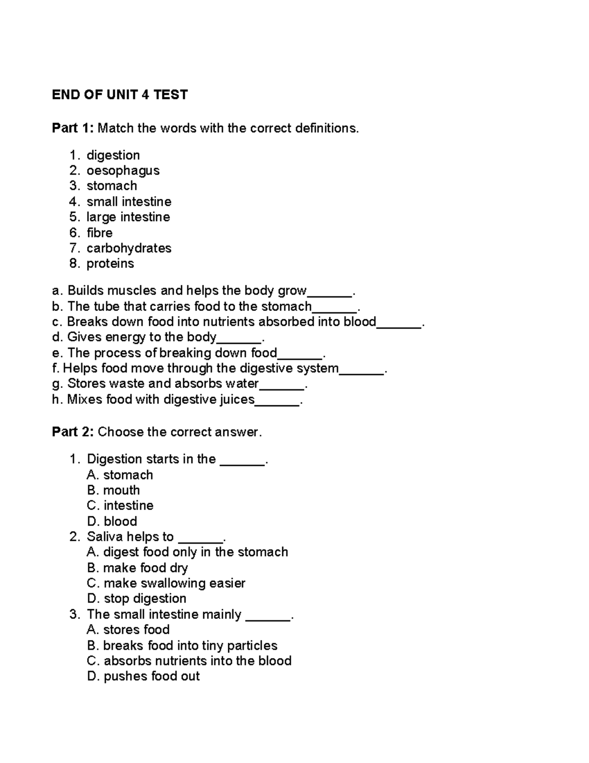 CAMBRIDGE SCIENCE END OF UNIT 4 TEST: Digestion & Nutrients - Studocu