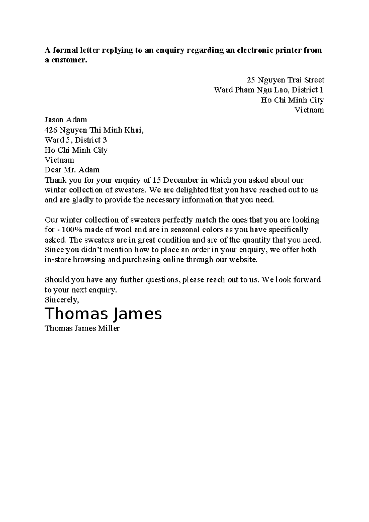 Formal Letter Response to Customer Enquiry on Electronic Printer - Studocu