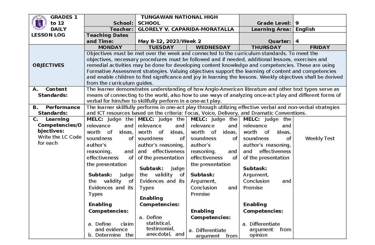 Quarter 4 Week 2 DLL for English 9: Skills in Analyzing Arguments - Studocu
