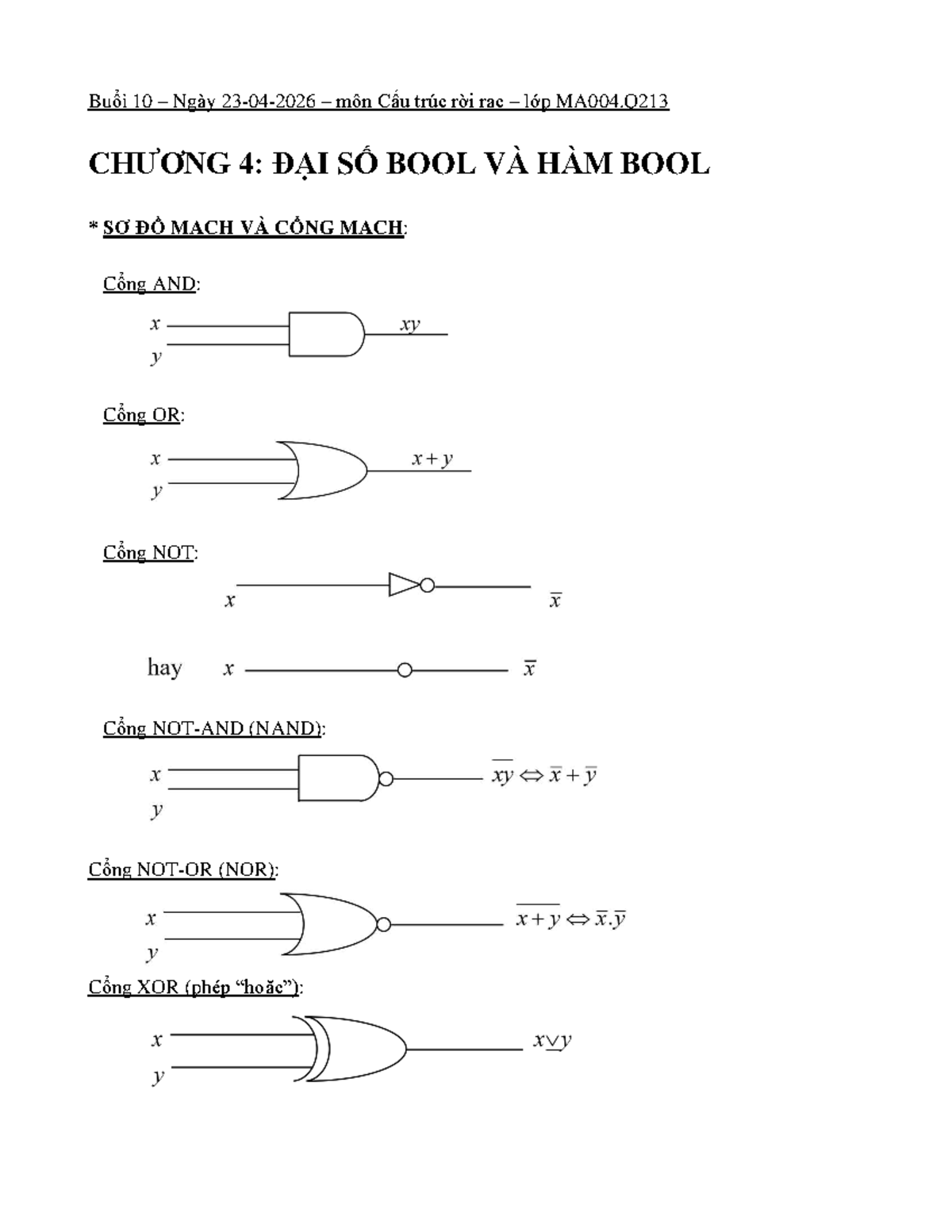 Buổi 10: Chương 4 - Đại Số Bool & Hàm Bool - MA004.Q213 - Studocu