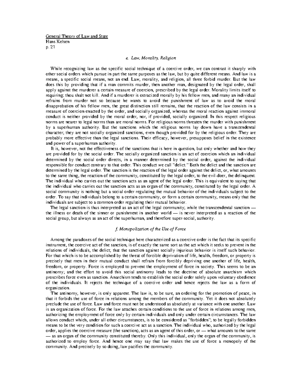 General Theory of Law and State -Kelsen - 21 e. Law, Morality, Religion ...