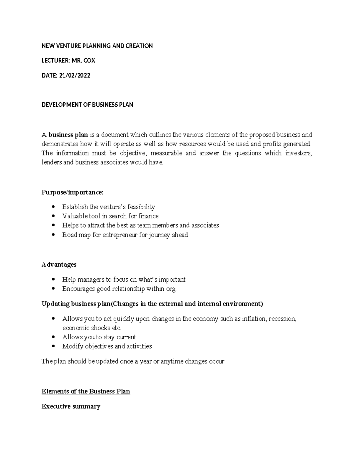 NEW VENTURE PLANNING: BUSINESS PLAN DEVELOPMENT LECTURE NOTES - Studocu