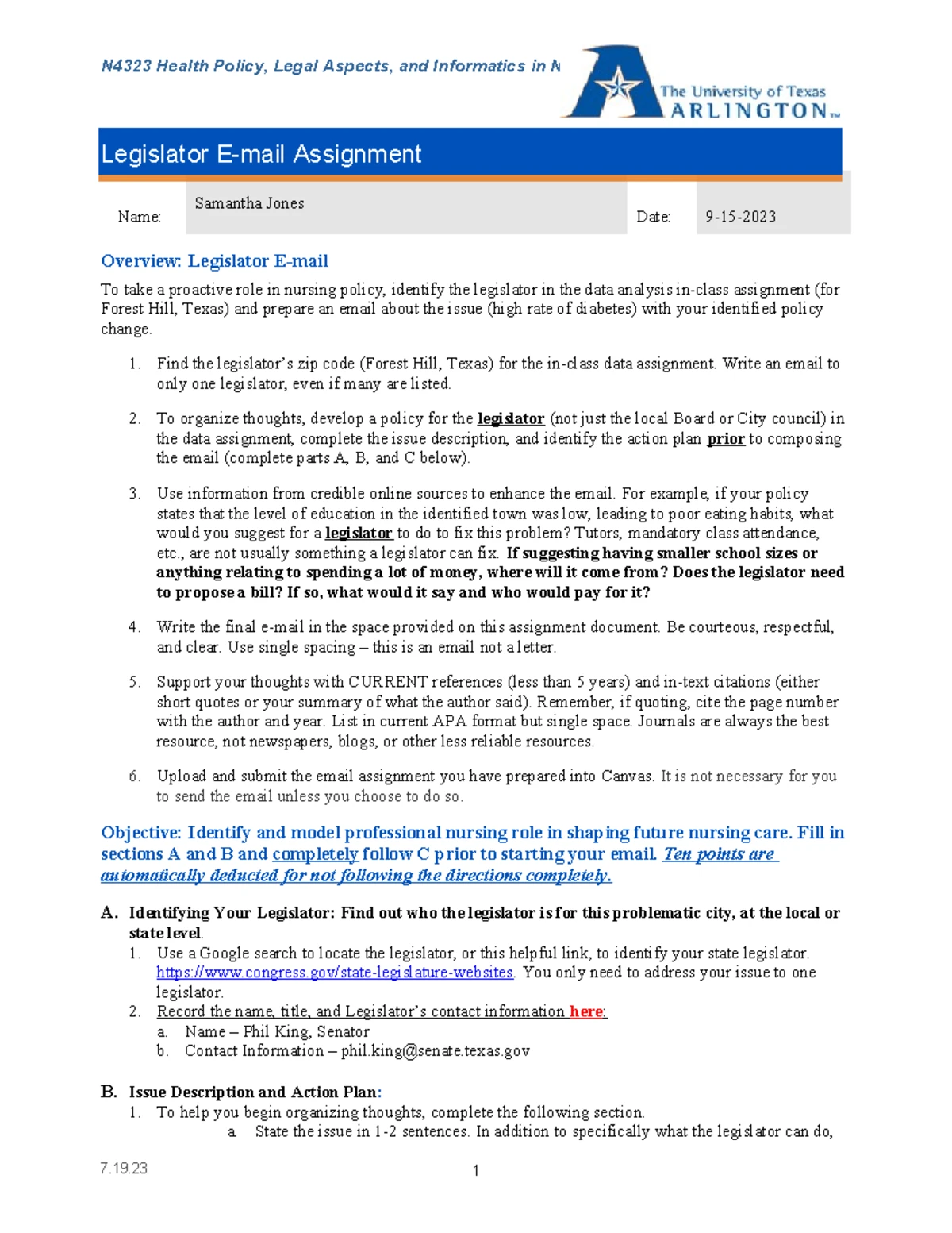 Policy Email To Legislator - Name: Samantha Jones Date: 9-15- Overview ...