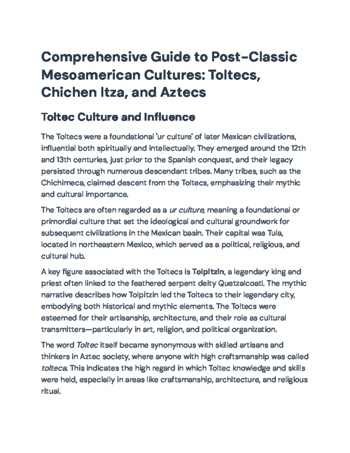 Comprehensive Analysis of Mesoamerican Cultures: Toltecs & Aztecs - Studocu