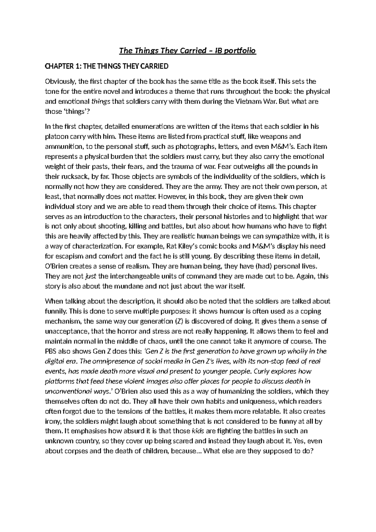 IB - Portfolio TTTC: Analysis of "The Things They Carried" - Studeersnel