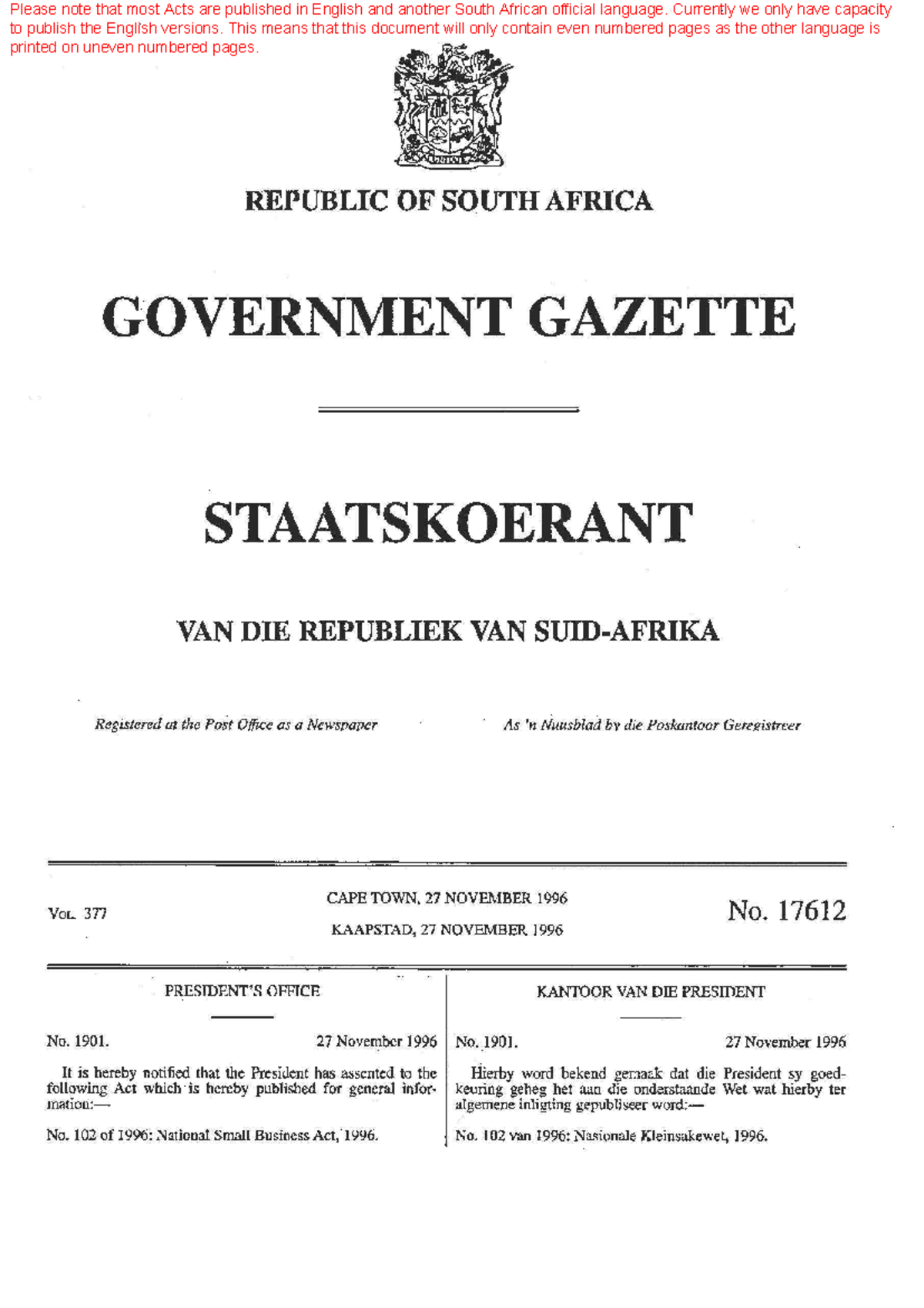 National Small Business Act, 1996 (Act No. 102 of 1996) - Studocu