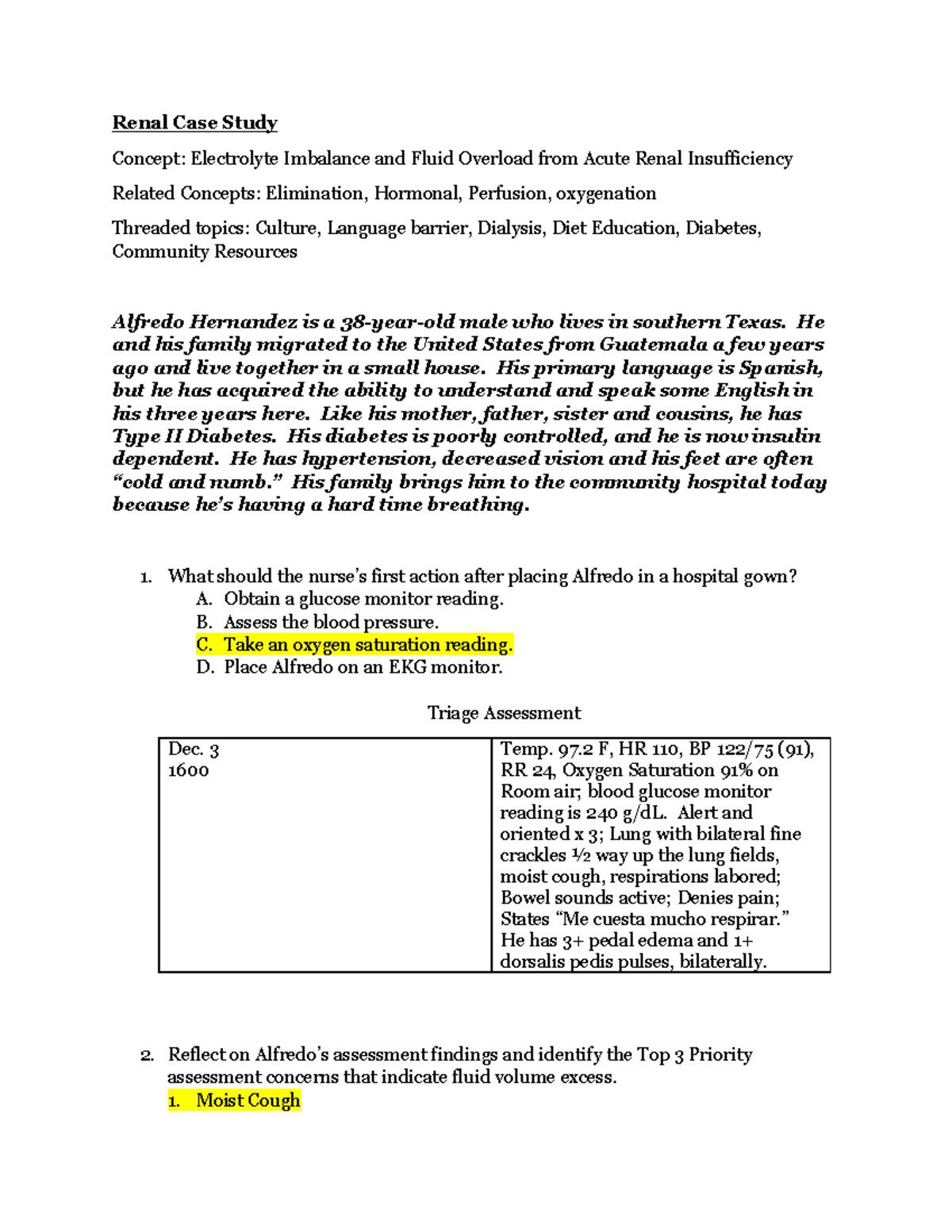 Renal Case Study (NURS 101): Electrolyte Imbalance & Fluid Overload ...
