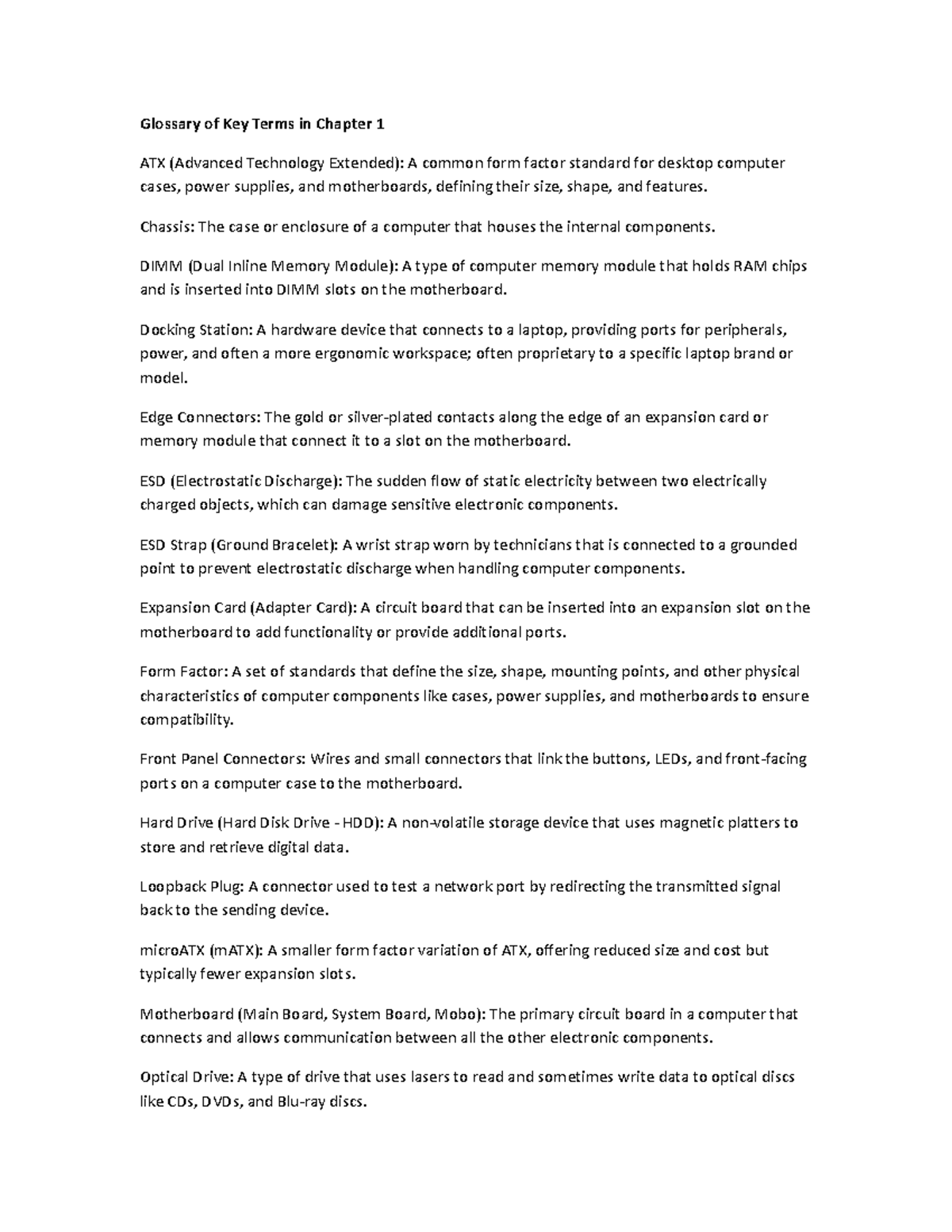 Summary of Key Terms: Introduction to Computer Hardware for IT101 - Studocu