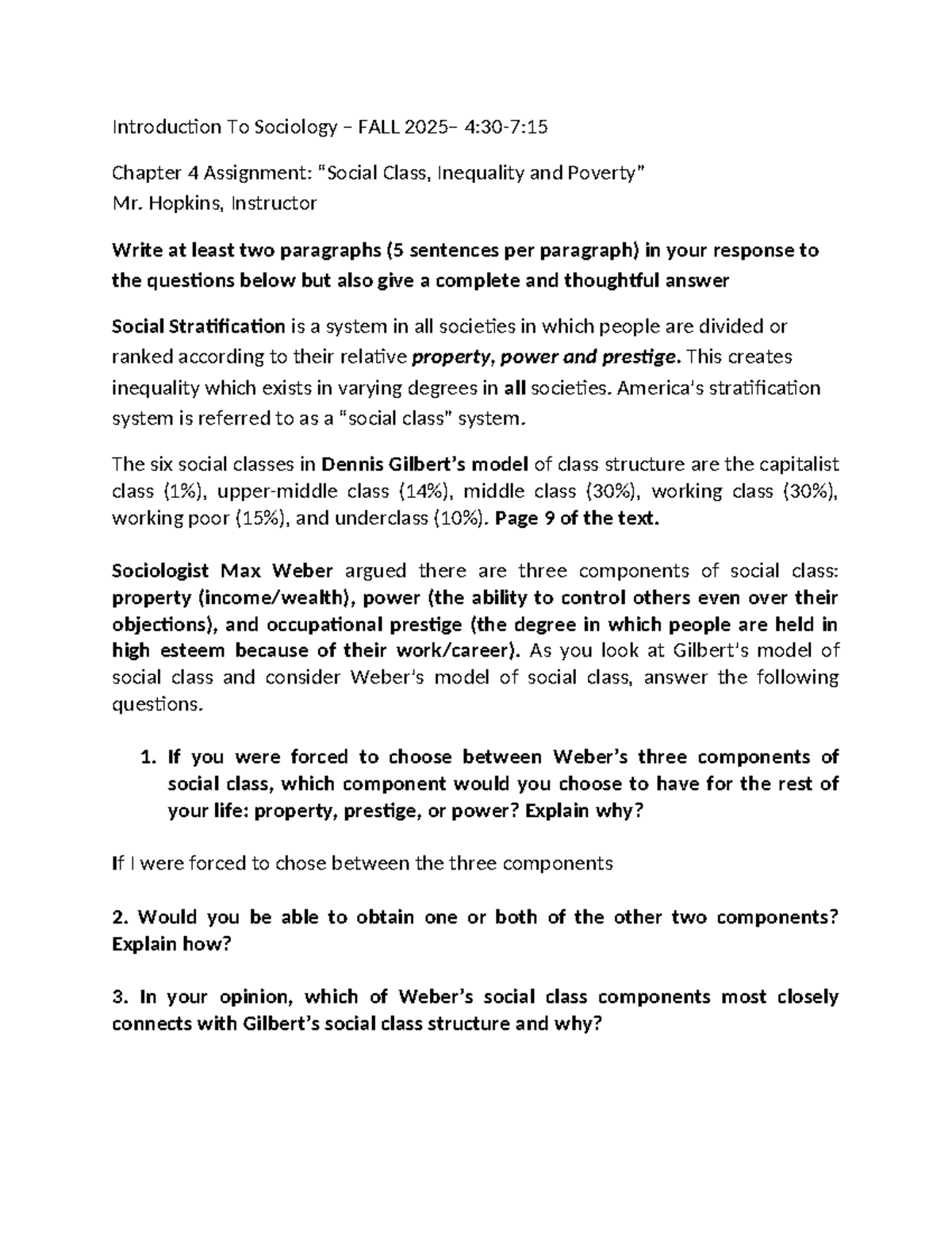 Introduction to Sociology Assignment: Chapter 4 - Class & Inequality ...